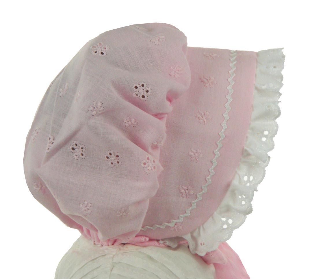 NEW Charleston Style Pink Eyelet Baby Bonnet with White Eyelet Ruffle