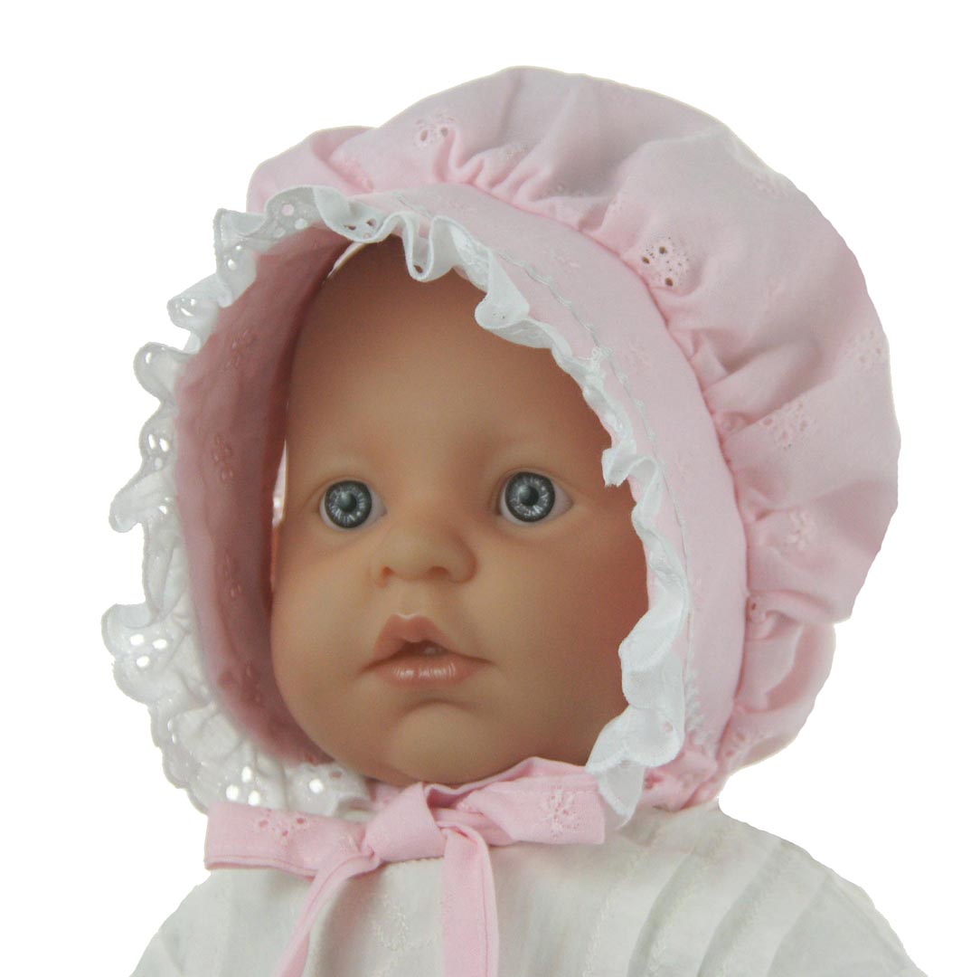NEW Charleston Style Pink Eyelet Baby Bonnet with White Eyelet Ruffle