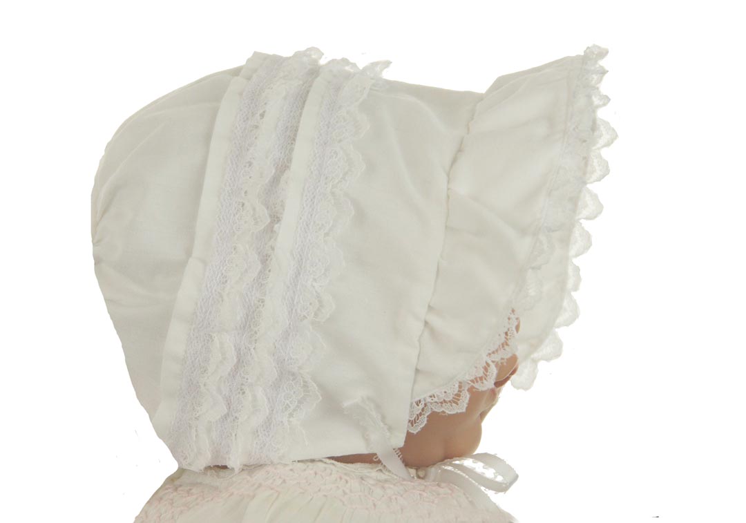 NEW Creamy White Baby Bonnet with Lace Trim and Wide Face Ruffle