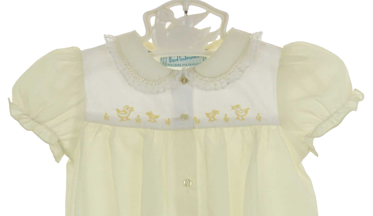 NEW Hand Embroidered Pale Yellow Bubble with Ducks and Matching Bonnet