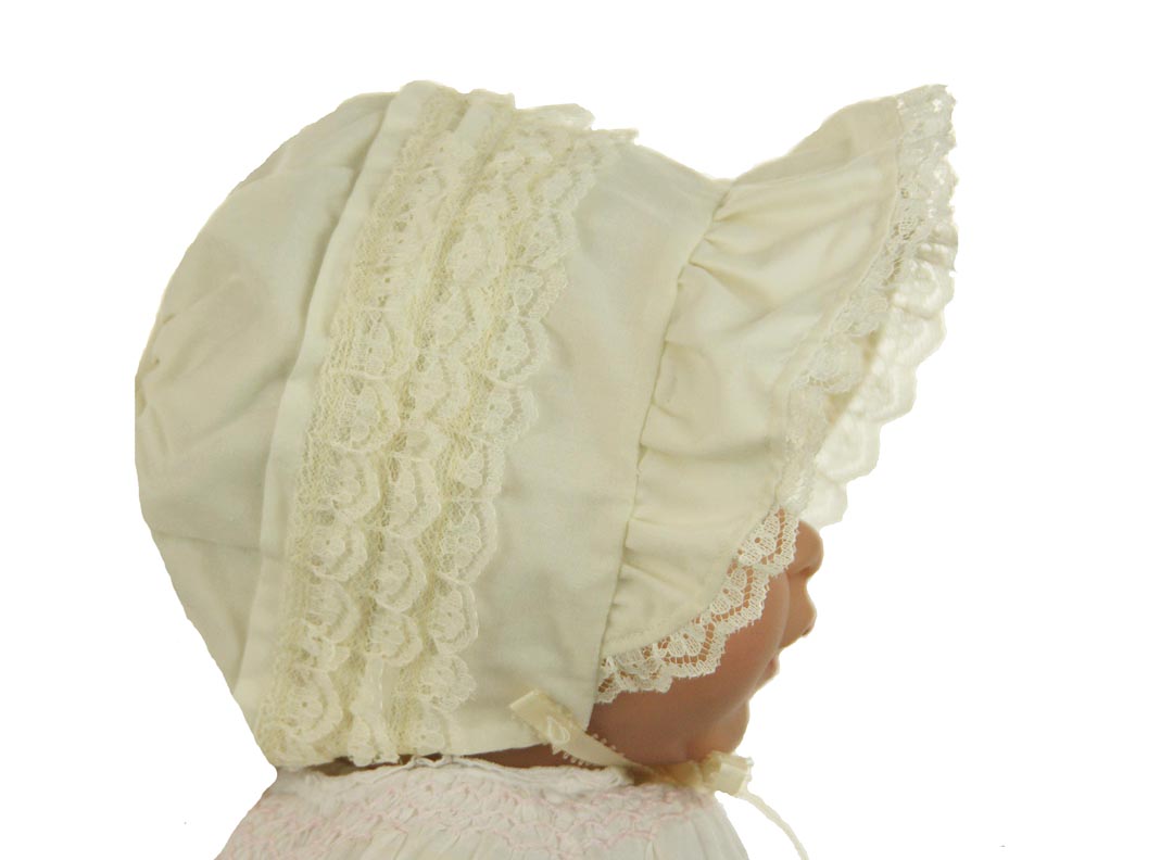 NEW Ivory Baby Bonnet with Lace Trim and Wide Face Ruffle