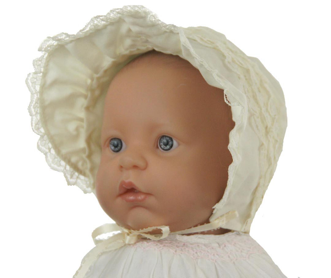 NEW Ivory Baby Bonnet with Lace Trim and Wide Face Ruffle