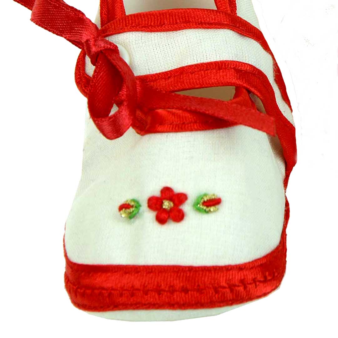 NEW Ivory Baby Shoes with Red Embroidery and Red Satin Trim
