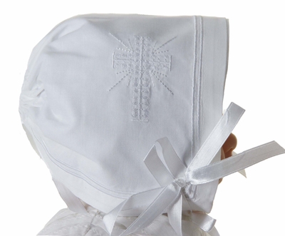NEW Keepsake Hanky Bonnet with Cross Embroidery and Scalloped Edges