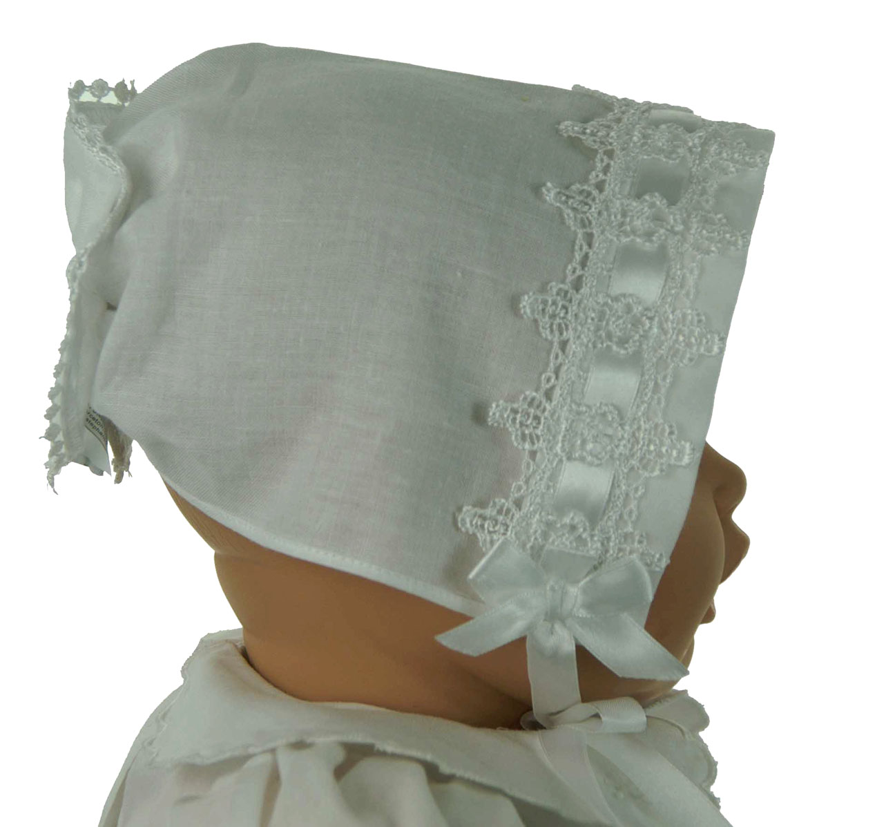 NEW Keepsake White Linen Hanky Bonnet with Venice Lace Trim and Ribbon ...