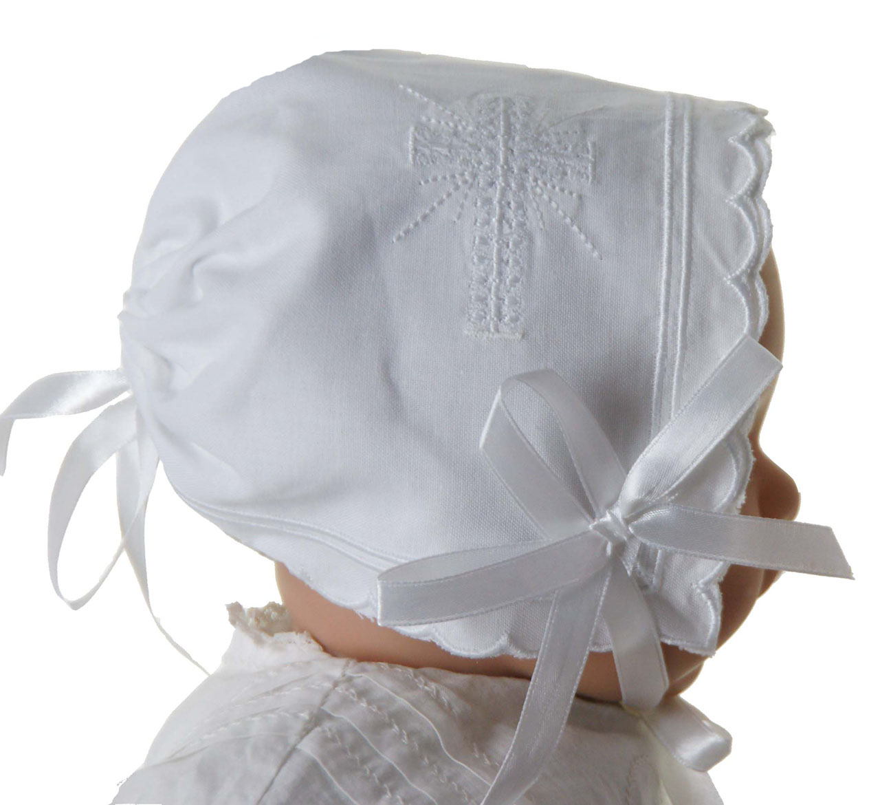 NEW Keepsake Hanky Bonnet with Cross Embroidery and Scalloped Edges