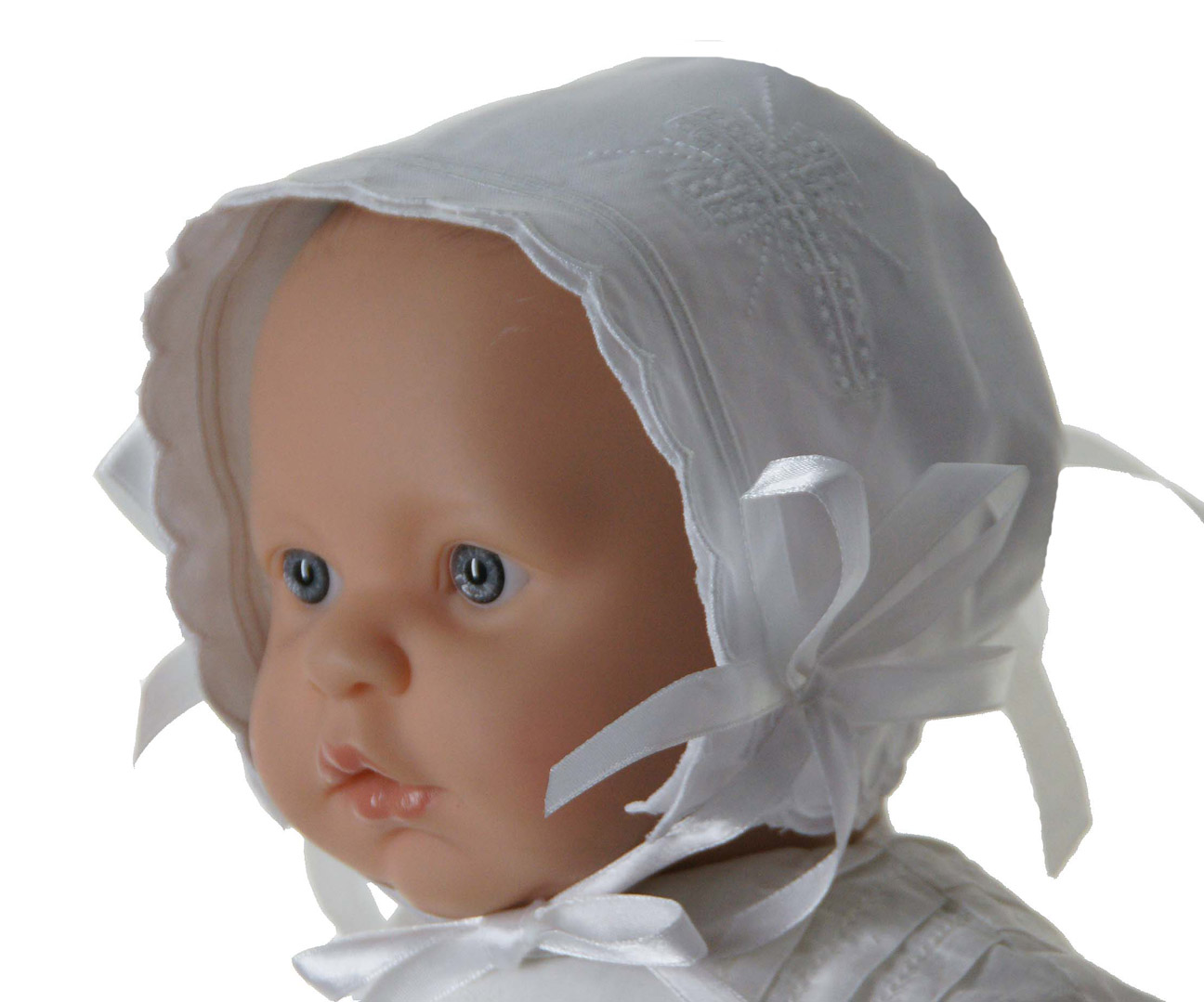 NEW Keepsake Hanky Bonnet with Cross Embroidery and Scalloped Edges
