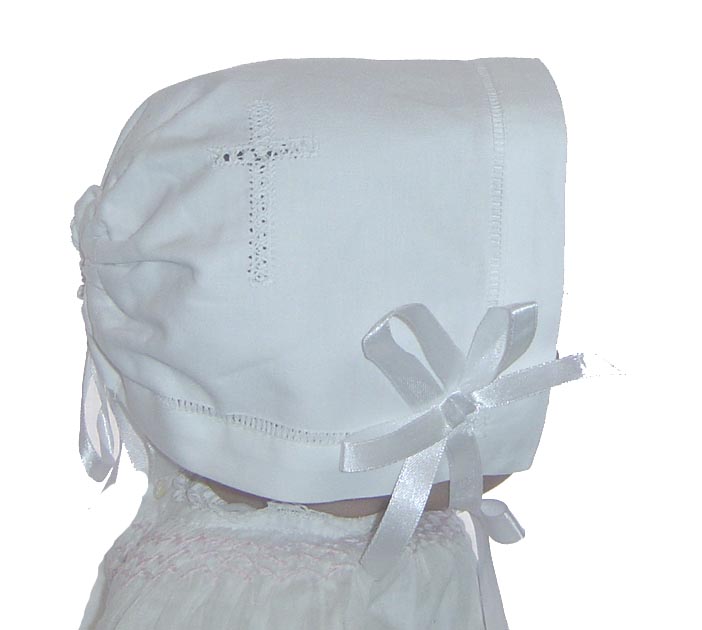 NEW Linen Keepsake Hanky Bonnet in White or Ivory with Embroidered Cross