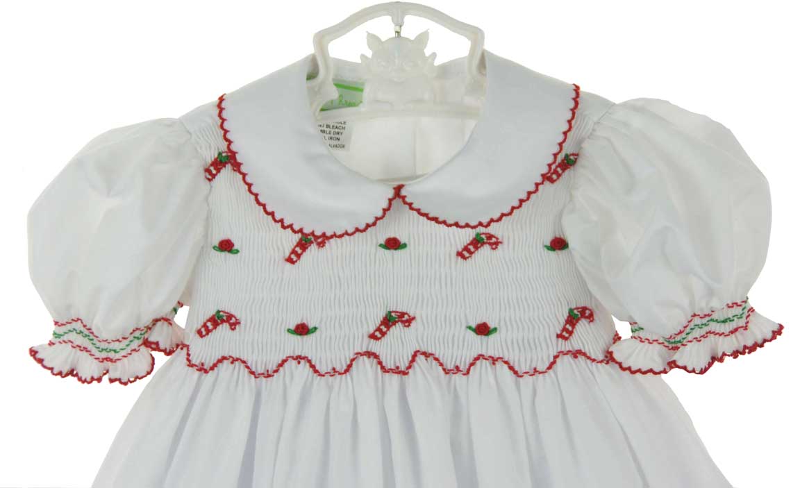 Little Threads white smocked dress with embroidered candy canes,white ...