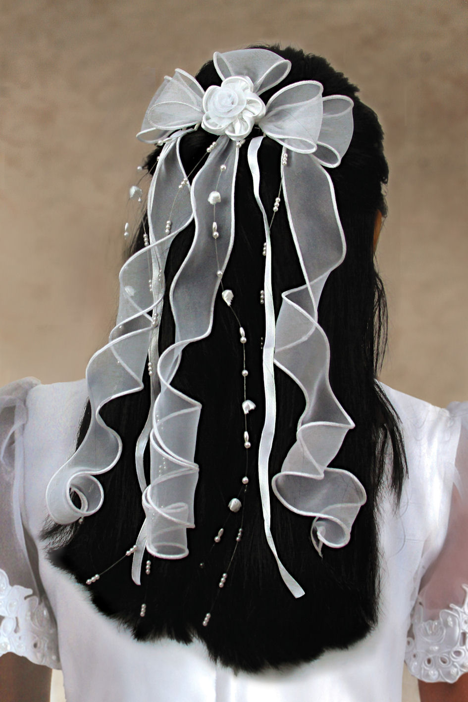 NEW White Organza Bow with Satin Flower, Pearls, and Curly Streamers