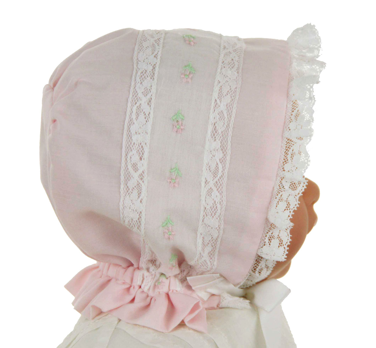 Peppermint Pony pink heirloom style bonnet with lace and embroidery ...