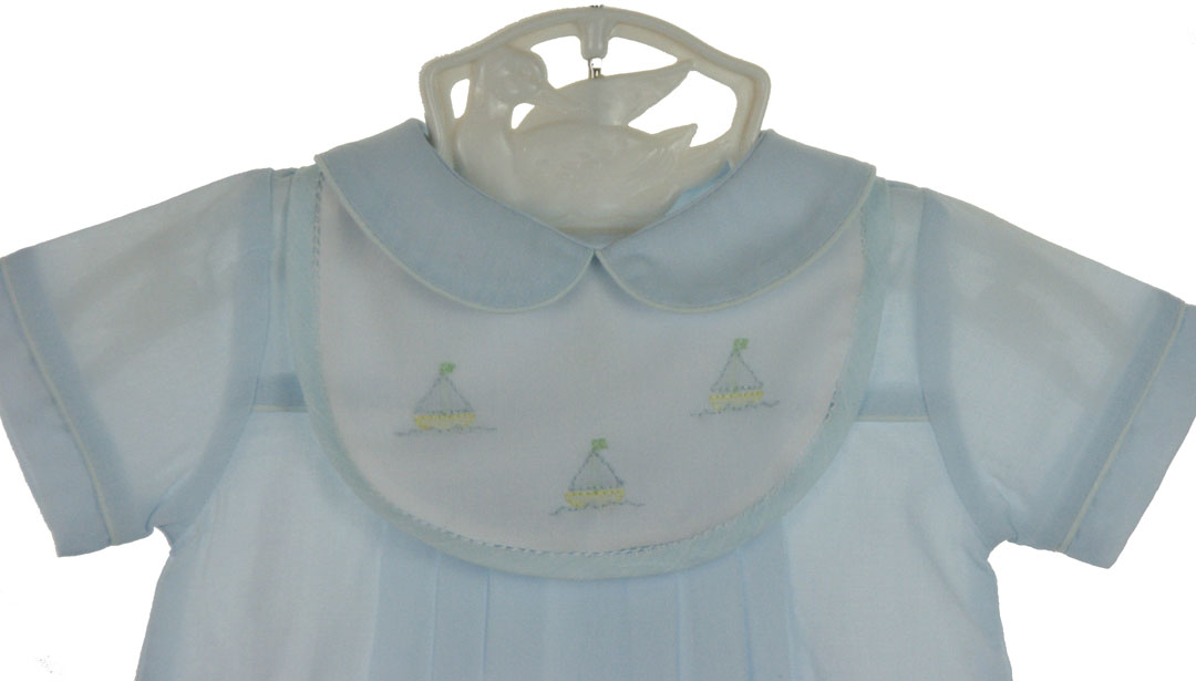 NEW Petit Ami Blue Romper, Bib, and Hat Set with Sailboat Embroidery