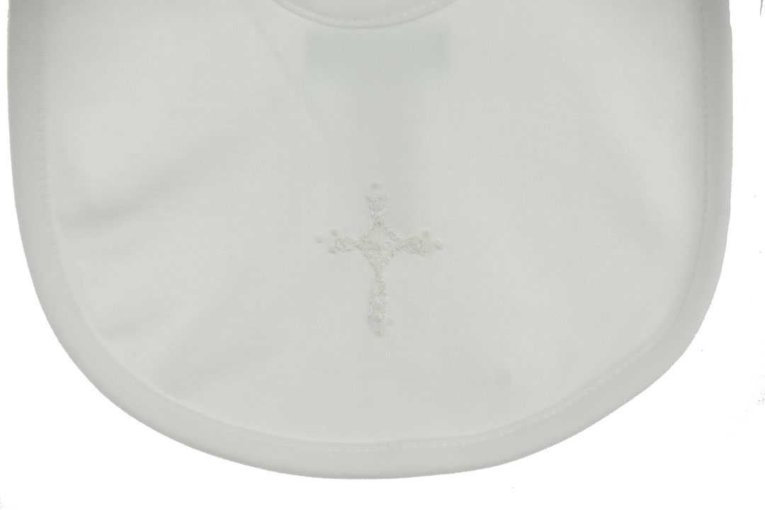 NEW Petit Ami White Pima Cotton Knit Bib with Cross Embroidery
