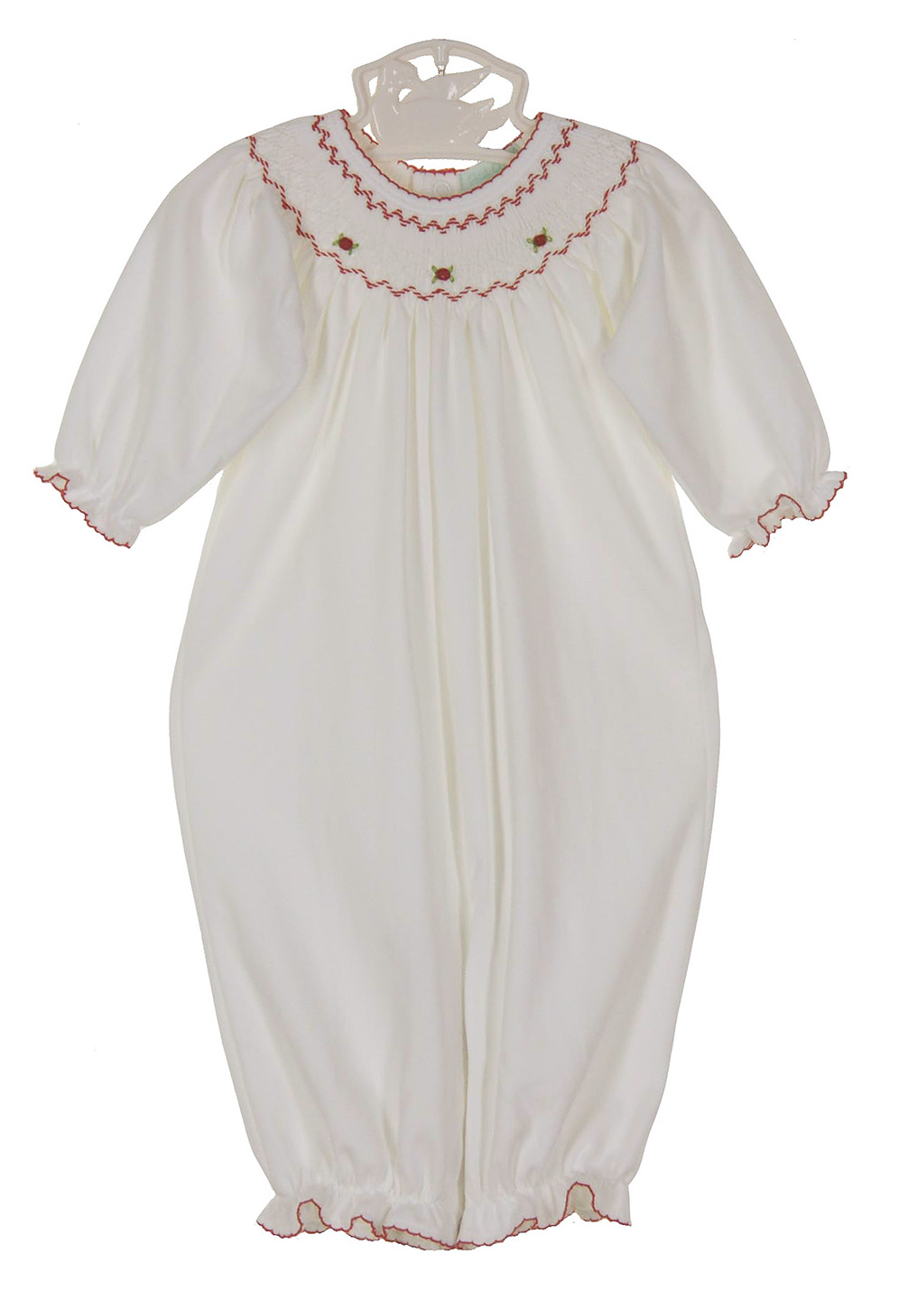 Petit Ami white pima cotton smocked gown and hat set with red smocking