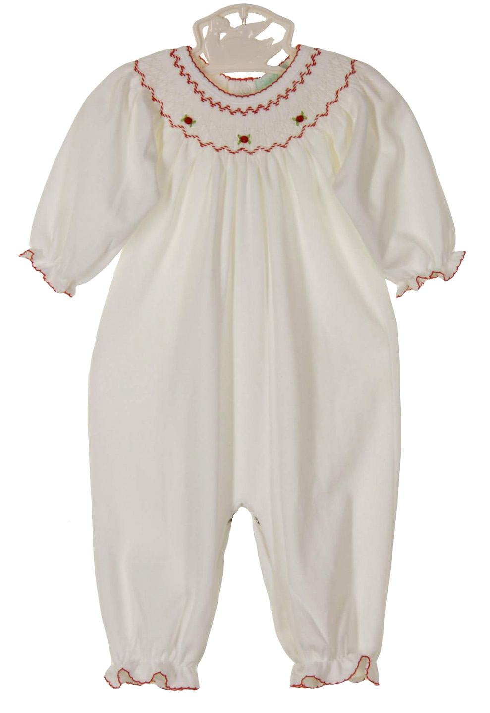 Petit Ami white pima cotton smocked gown and hat set with red smocking