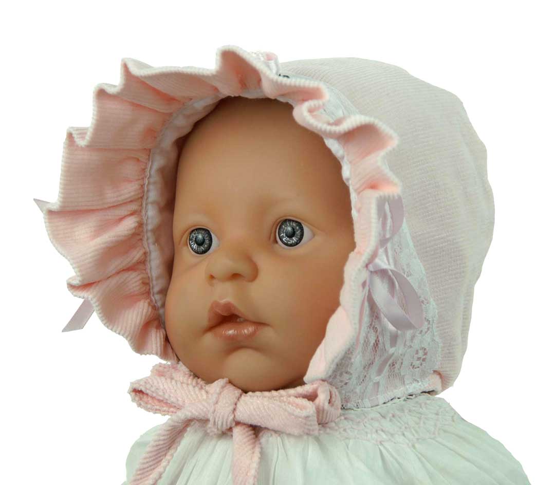 NEW Pink Corduroy Bonnet with Lace and Rosebud Trim