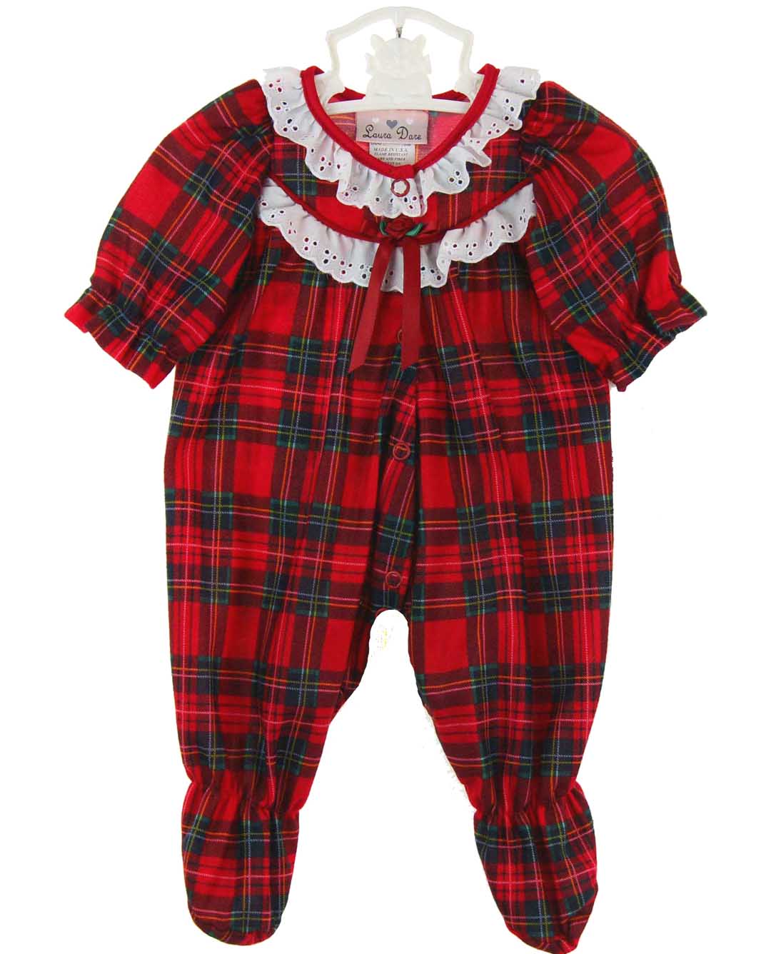 NEW Red Plaid Footed Pajamas with Ruffle Eyelet Trim for Preemie Girls