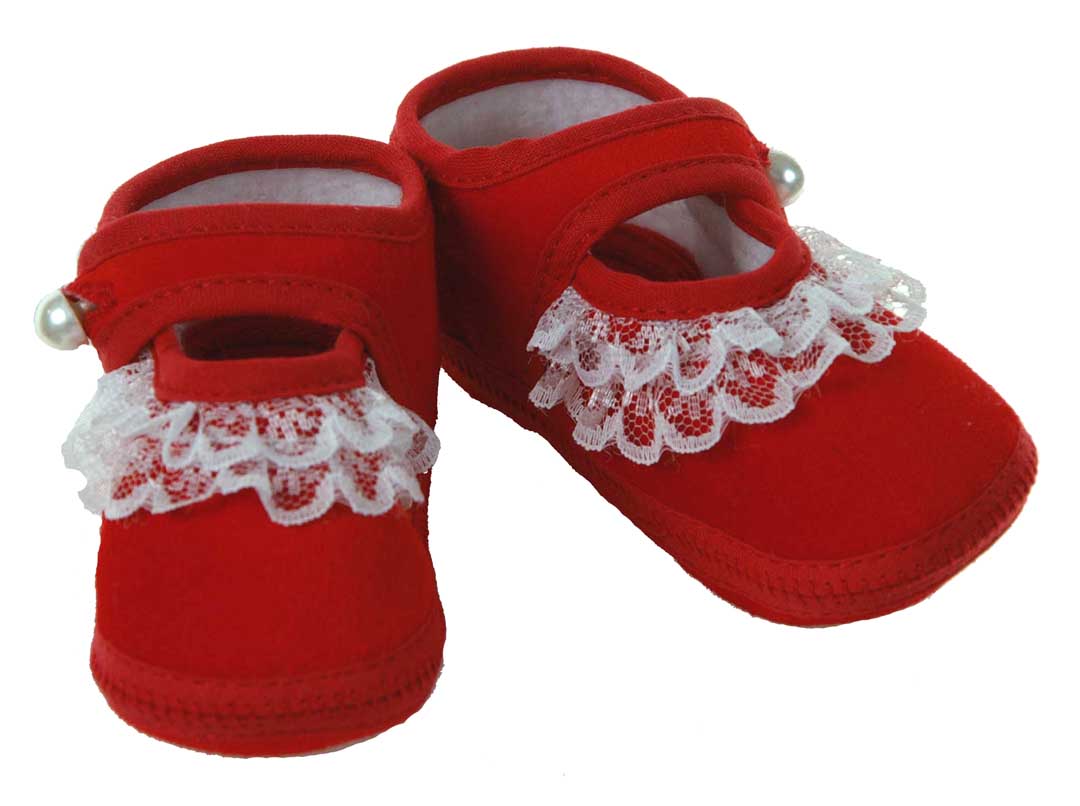 NEW Red Velveteen Baby Shoes with Lace Trim and Pearl Buttons