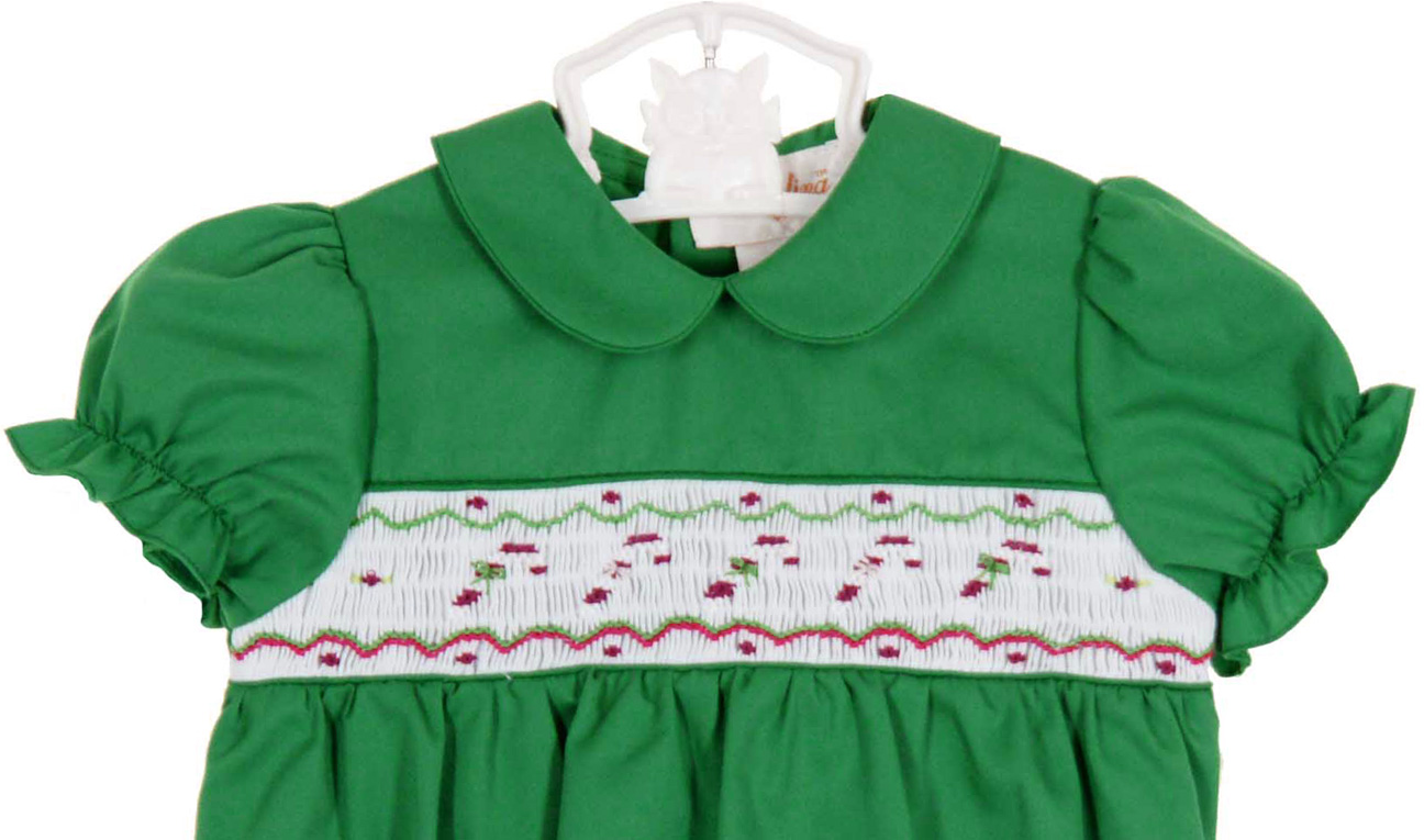 Rosalina green bishop smocked bubble with candy cane embroidery