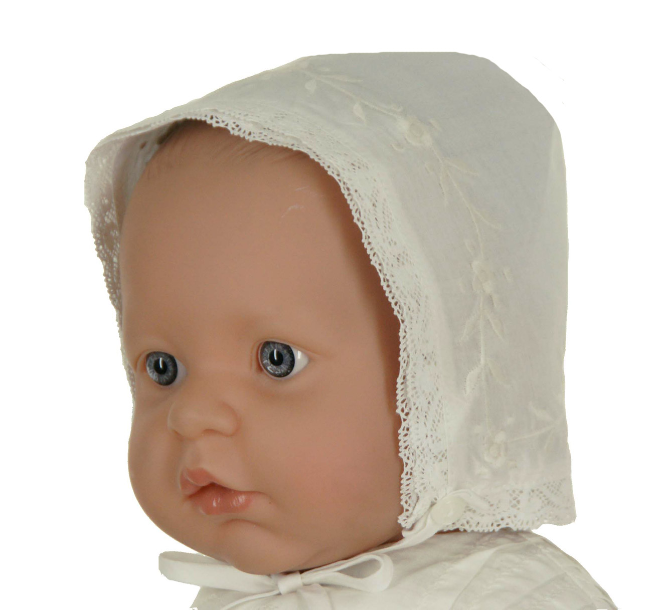 NEW Rosalina Pale Ivory Keepsake Hanky Bonnet with Embroidered Flowers