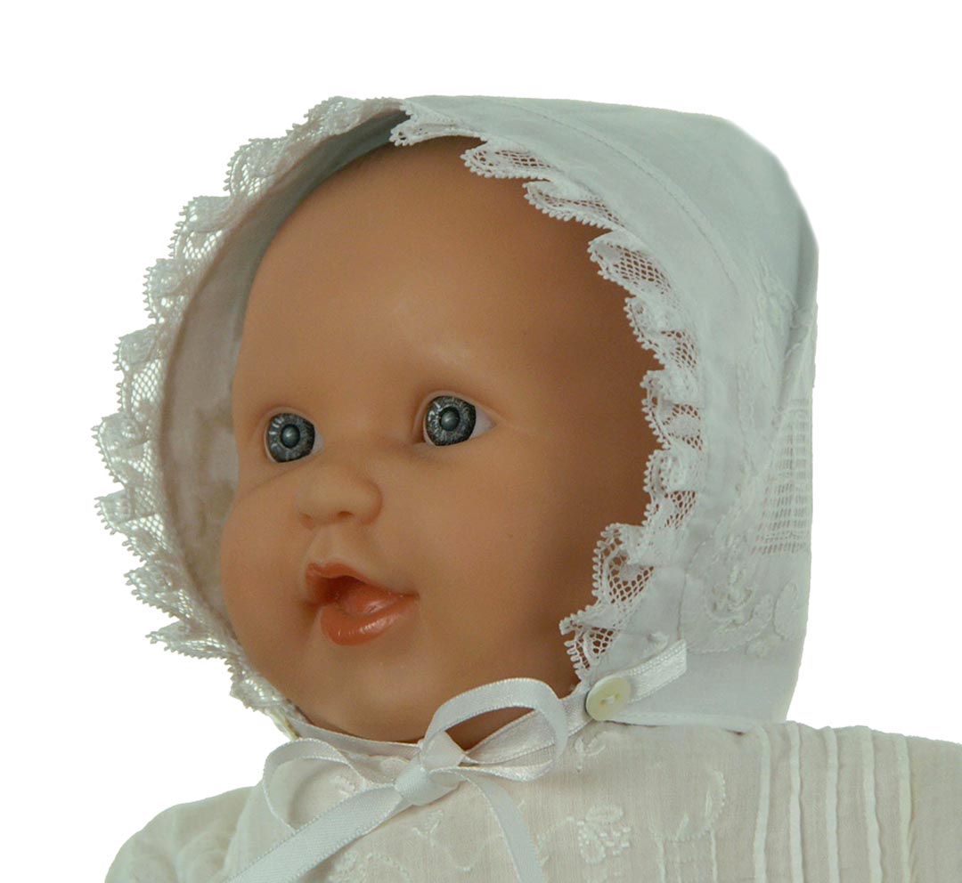 NEW Rosalina White Lace Trimmed Hanky Bonnet with Openwork and Embroidery