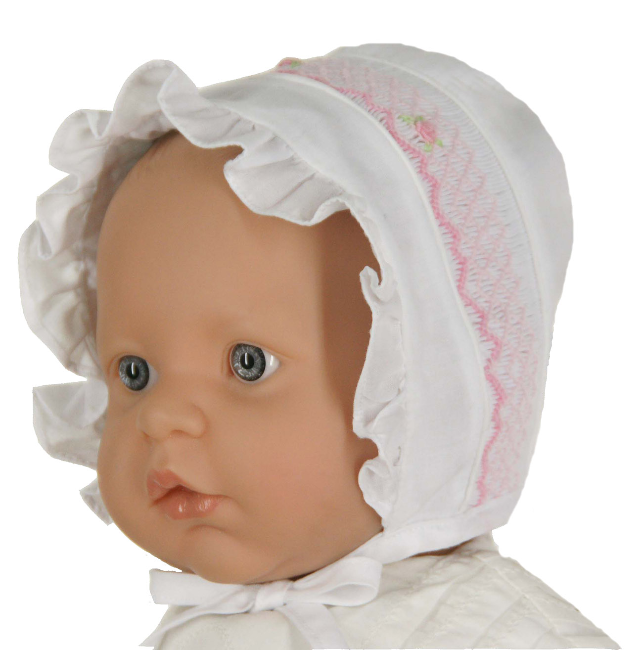 NEW Rosalina White Ruffled Bonnet with Pink Smocking