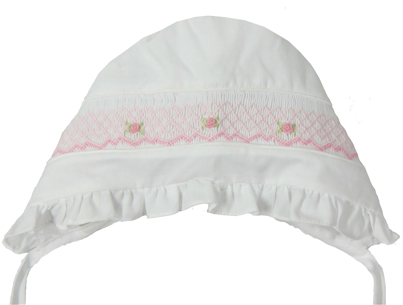 NEW Rosalina White Ruffled Bonnet with Pink Smocking