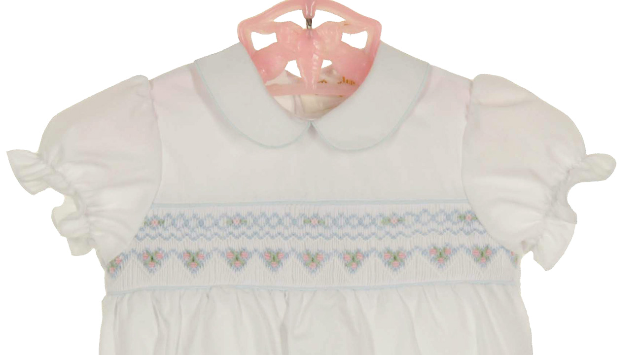 NEW Rosalina White Smocked Bubble with Pink and Blue Embroidery