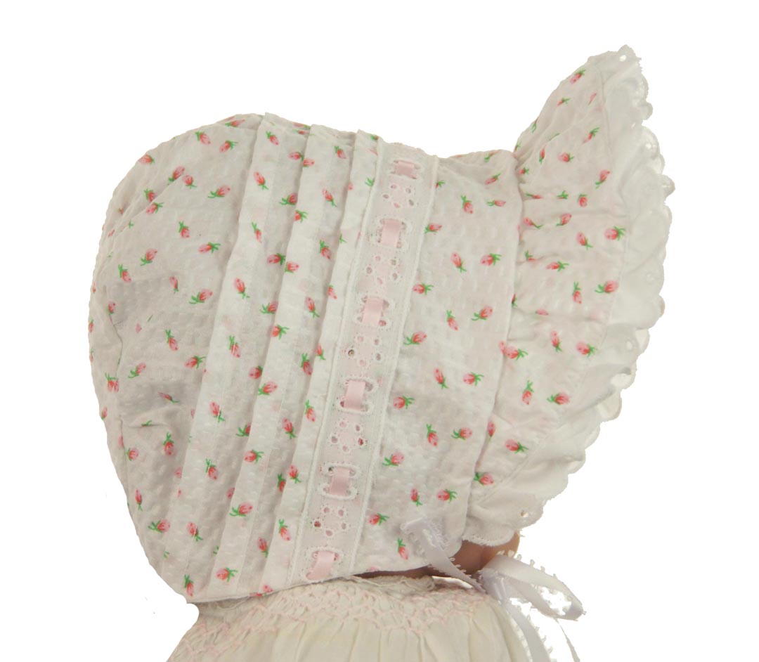 NEW Rosebud Print Bonnet with Eyelet Trimmed Face Ruffle