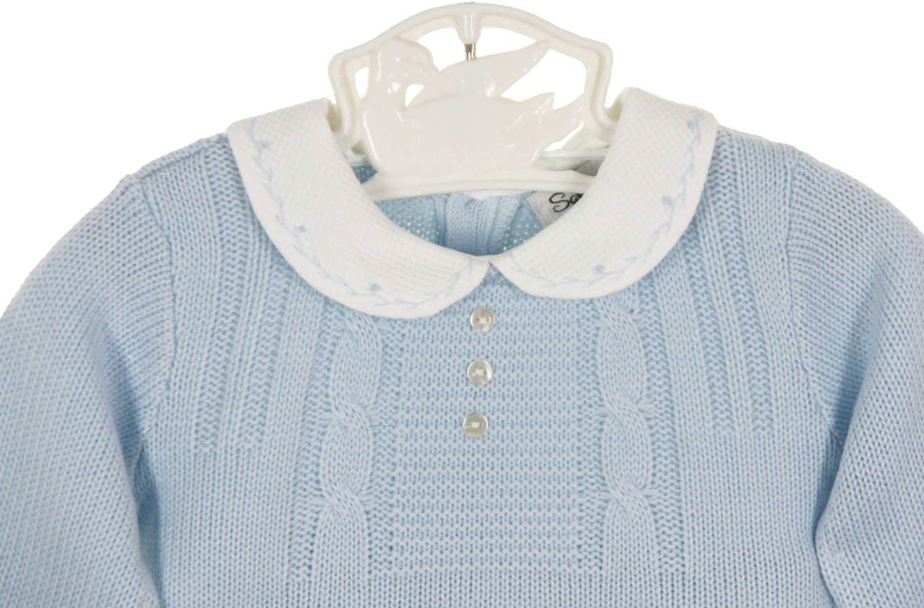 NEW Sarah Louise Blue Knit Romper with Embroidered White Pique Collar