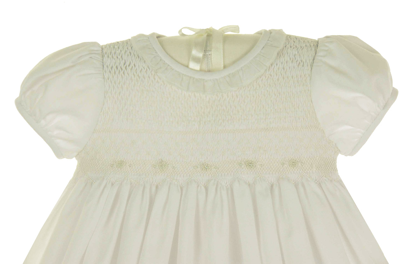 Sarah Louise ivory batiste smocked christening gown with ruffles and ...