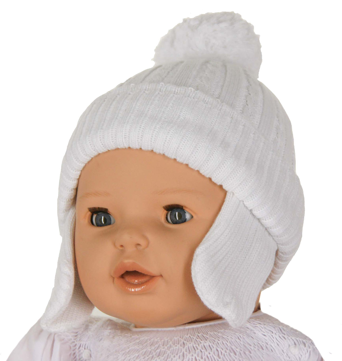 Sarah Louise white cable knit baby hat with ear flaps