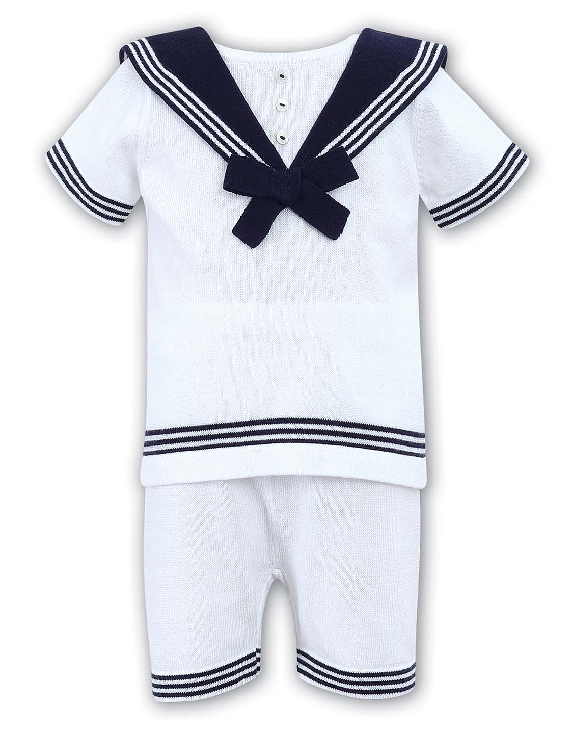 NEW Sarah Louise White Cotton Knit Sailor Shorts Set with Navy Trim