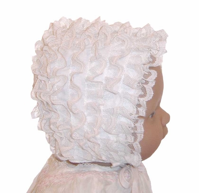 NEW White Baby Bonnet with Lacy Ruffles and Pink Bows