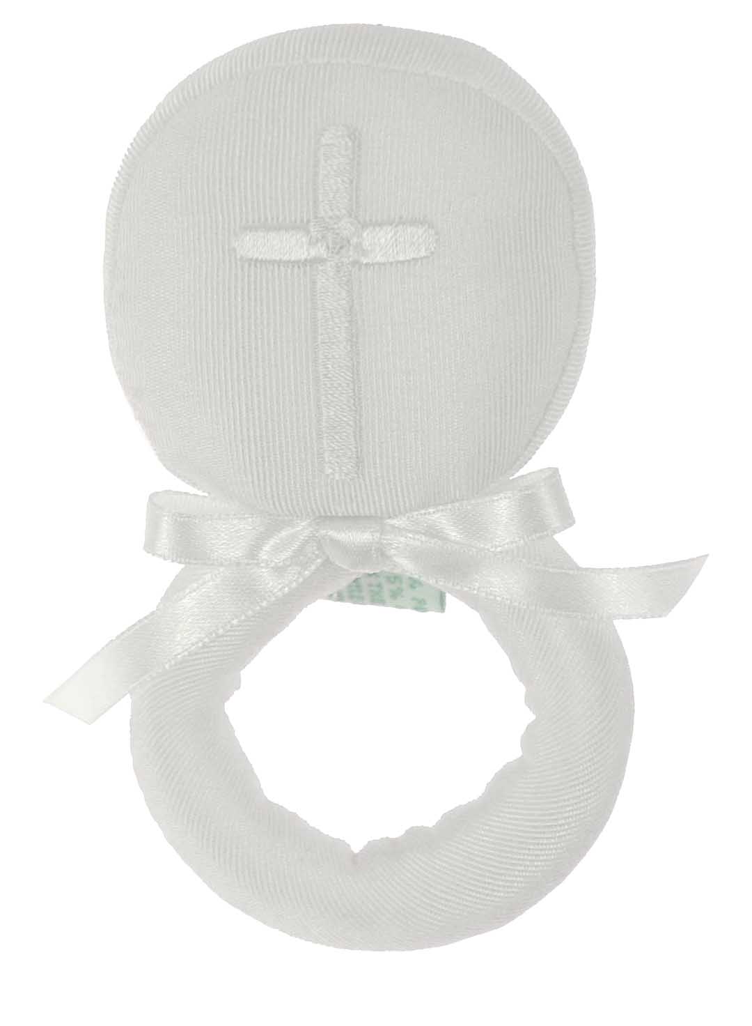 NEW White Bib and Rattle Set with Embroidered Cross