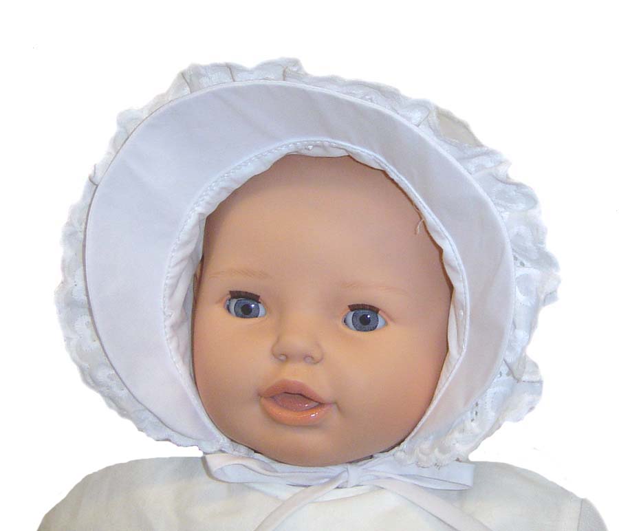NEW White Bonnet with Embroidered Hearts and Wide Face Ruffle