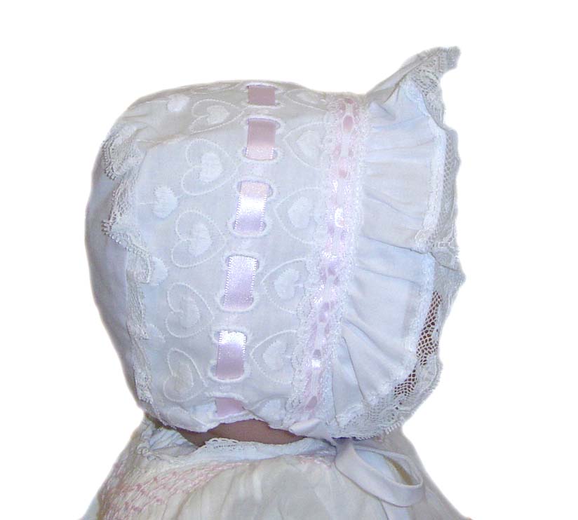 NEW White Bonnet with Hearts and Pink Ribbon Insertion
