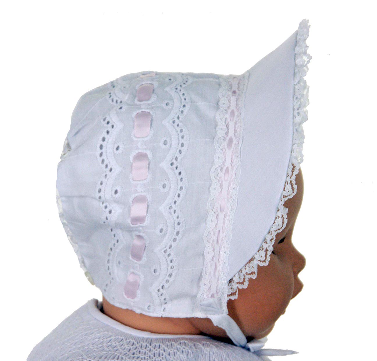 NEW White Bonnet with lace Trimmed Brim, Open Crown and Pink Ribbon ...