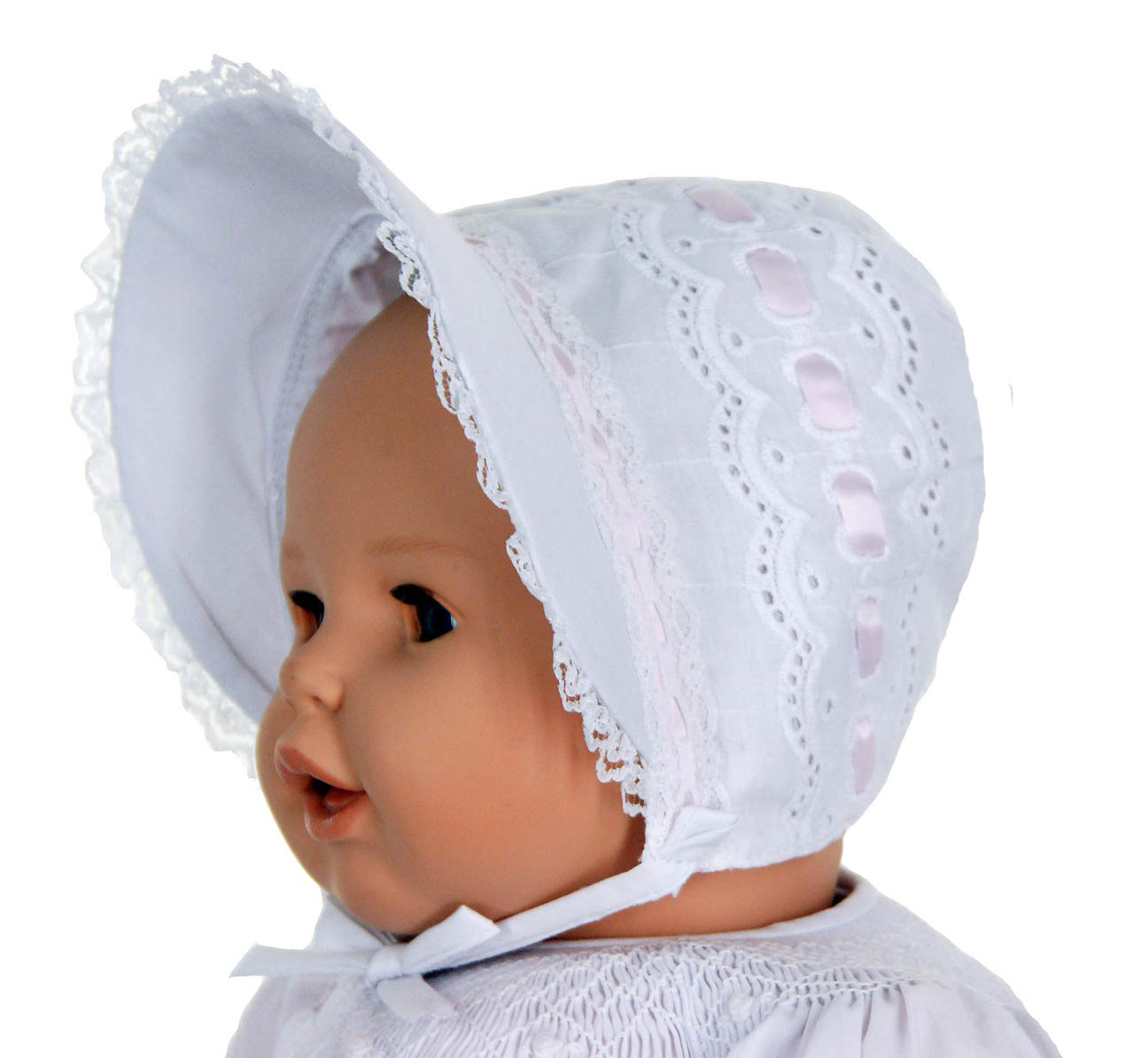 NEW White Bonnet with lace Trimmed Brim, Open Crown and Pink Ribbon ...