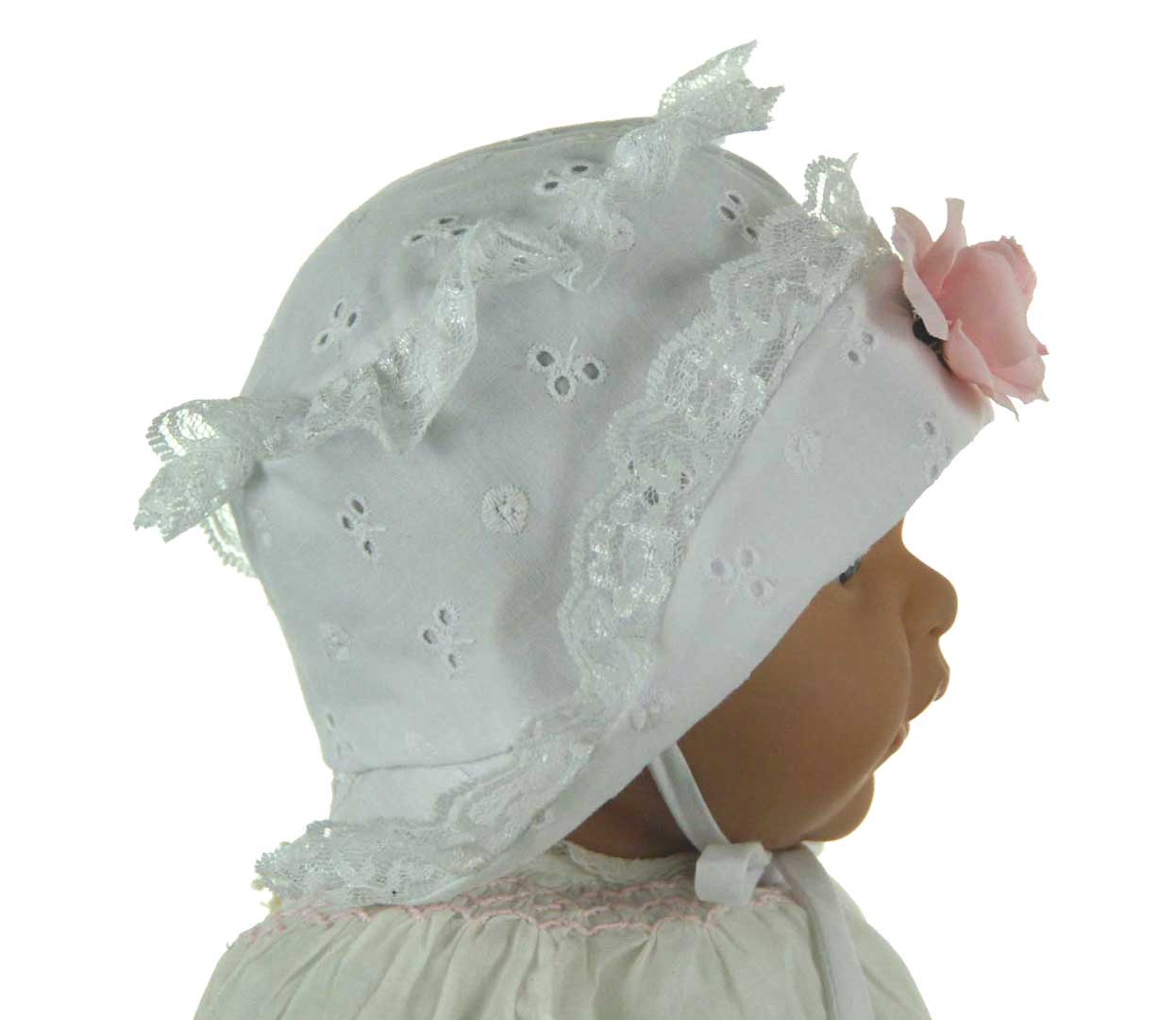 NEW White Eyelet Bonnet with Pink Flower Trimmed Turned Back Brim