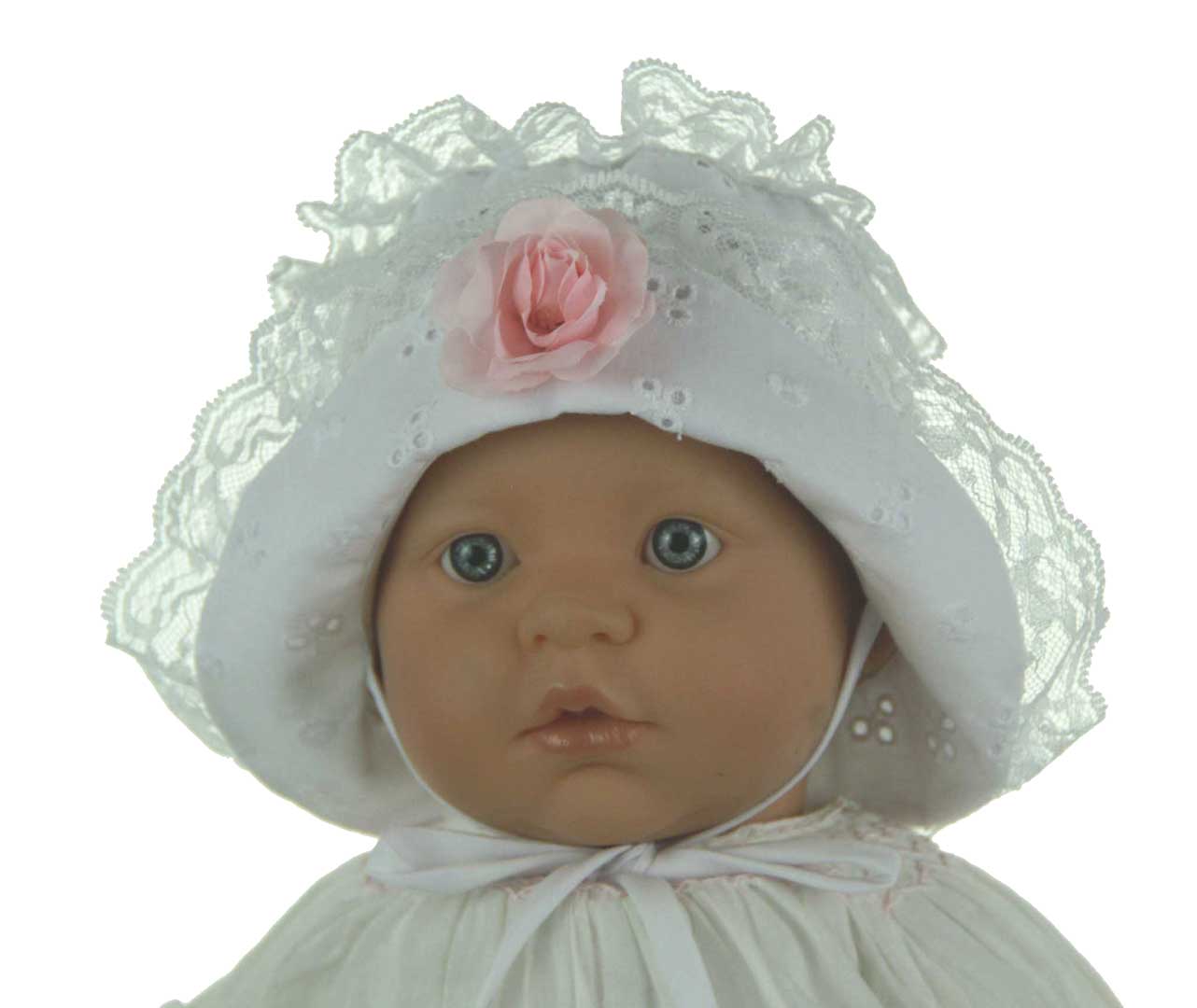 NEW White Eyelet Bonnet with Pink Flower Trimmed Turned Back Brim