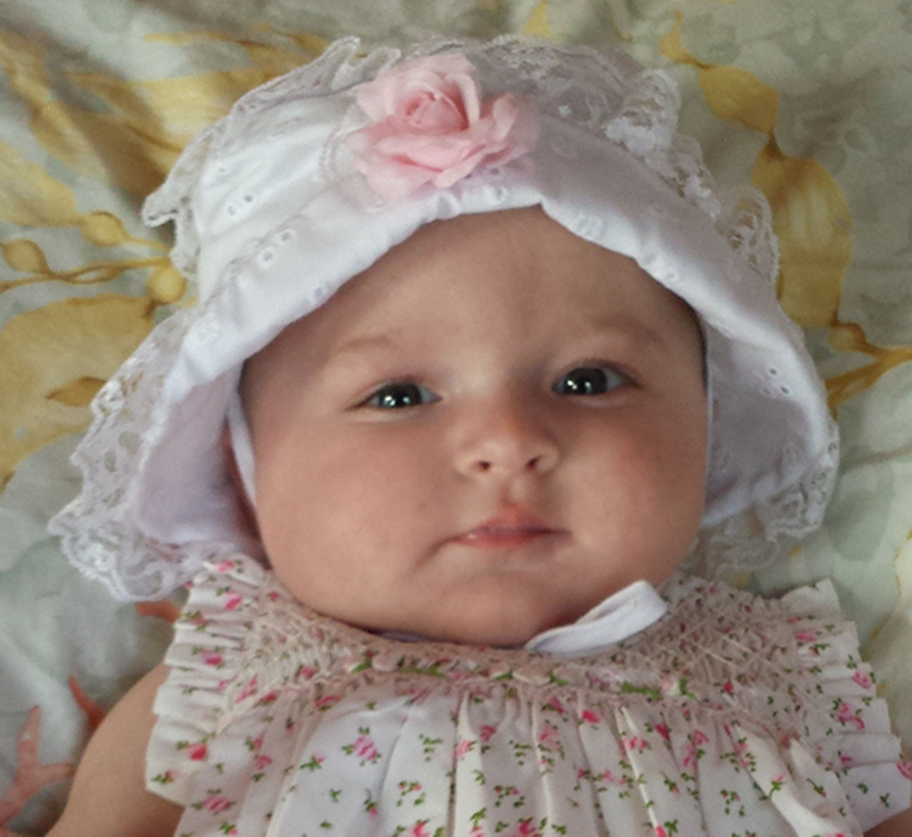NEW White Eyelet Bonnet with Pink Flower Trimmed Turned Back Brim