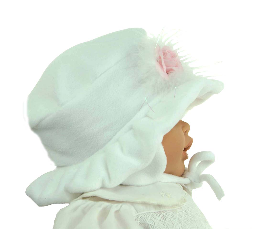 NEW White Fleece Bonnet with Maribou Rosebud Trim
