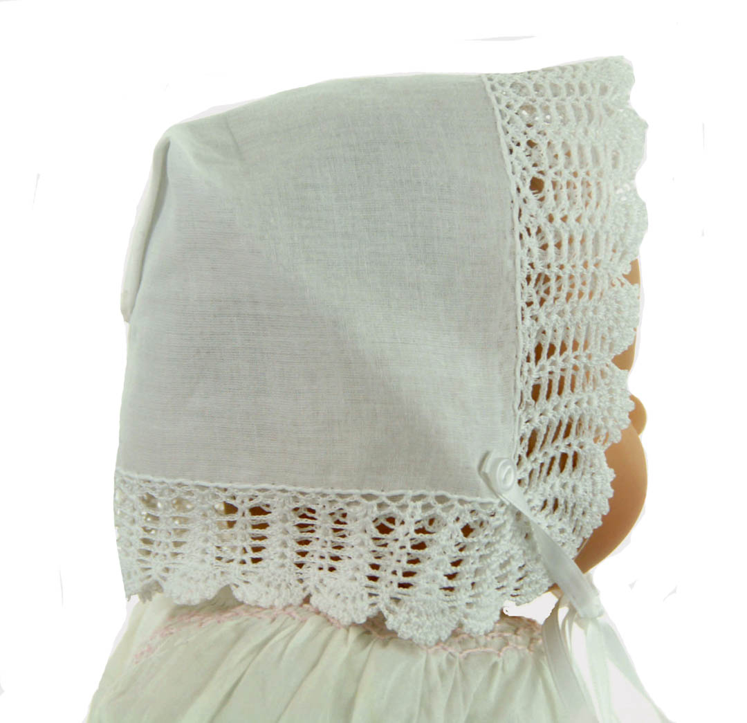 NEW White Keepsake Hanky Bonnet with White Crocheted Lace