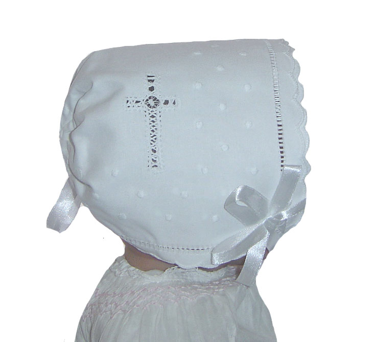 NEW White Linen Keepsake Hanky Bonnet with Cross Embroidery and ...