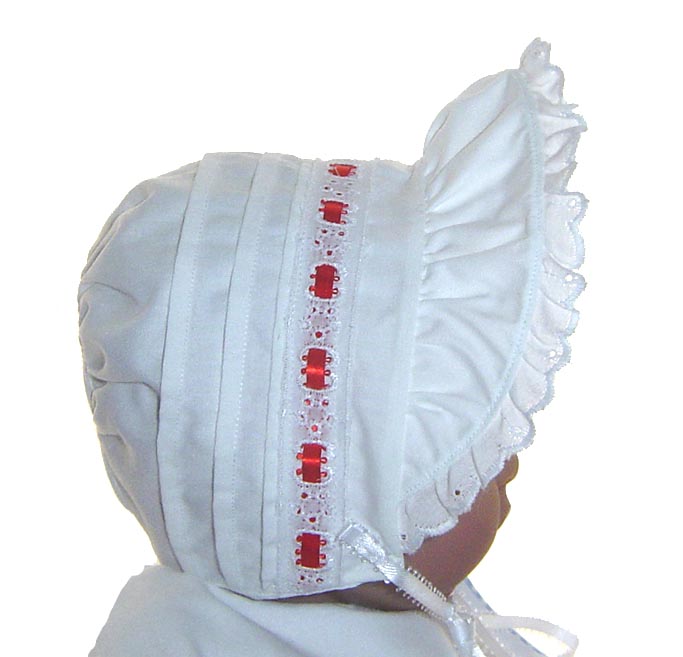 NEW White Pintucked Bonnet with Eyelet Trim and Red Satin Ribbon Insertion