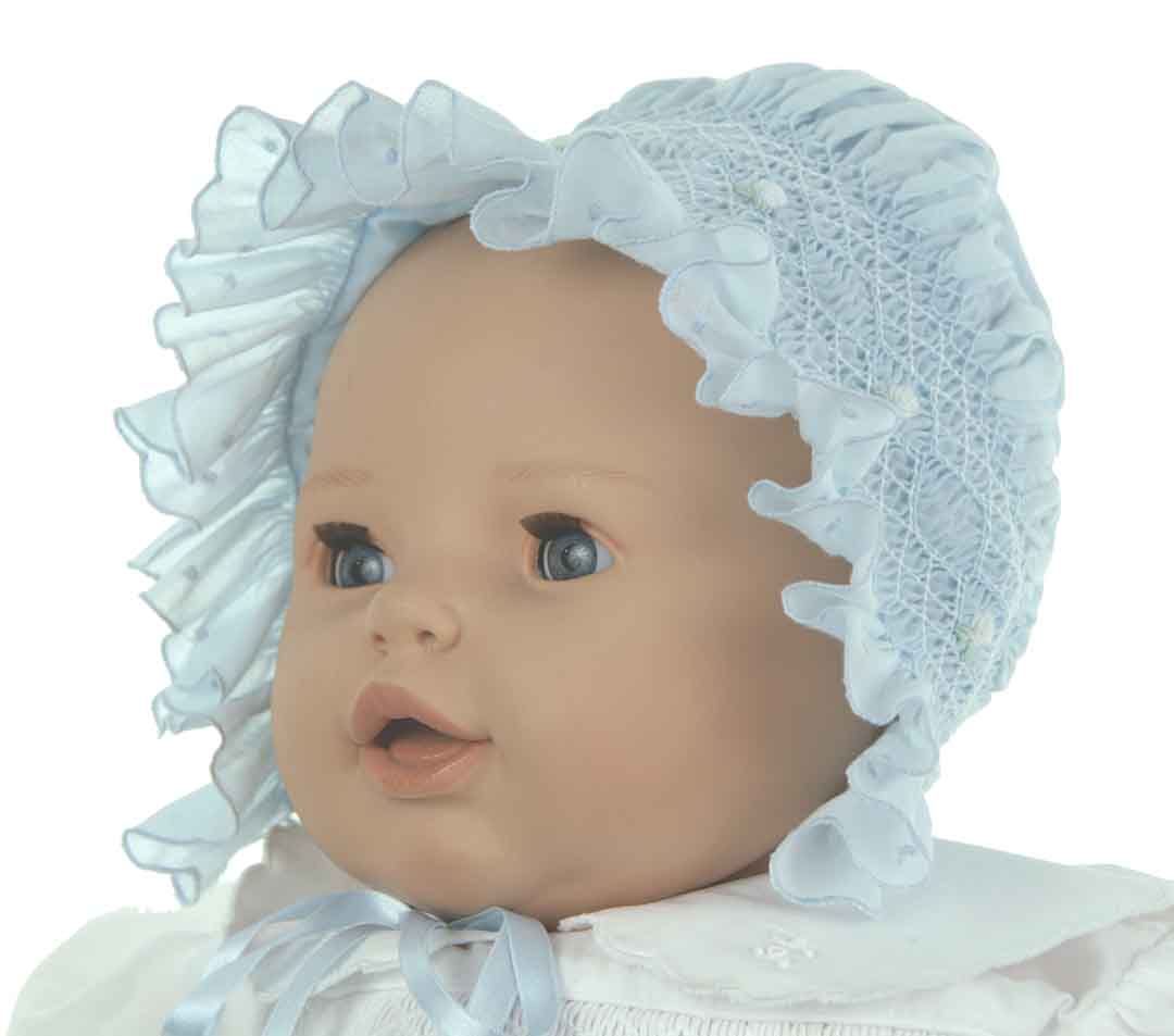 NEW Will'Beth Blue Smocked Bonnet with White Embroidered Rosebuds