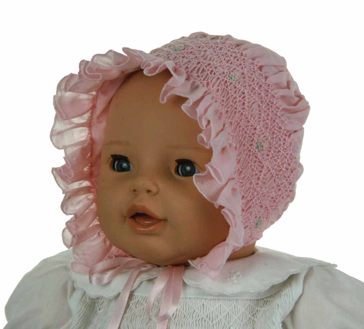 NEW Will'Beth Pink Smocked Baby Bonnet with Pink Embroidered Flowers ...
