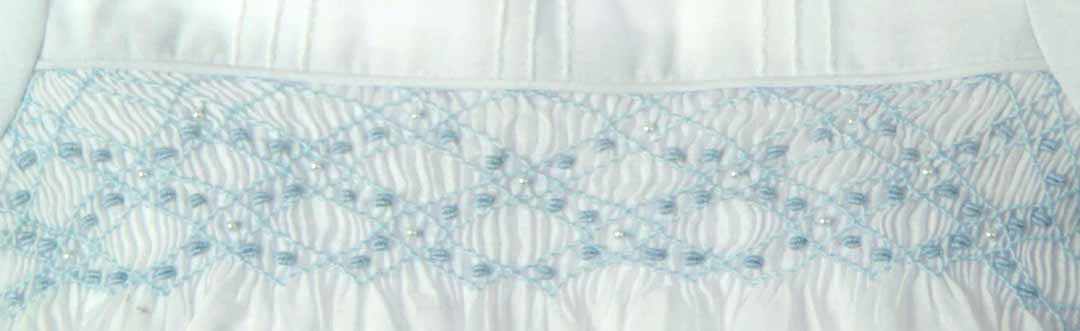 NEW Will'Beth White Romper Blue Smocking, Pintucks, Satin Piping, and ...