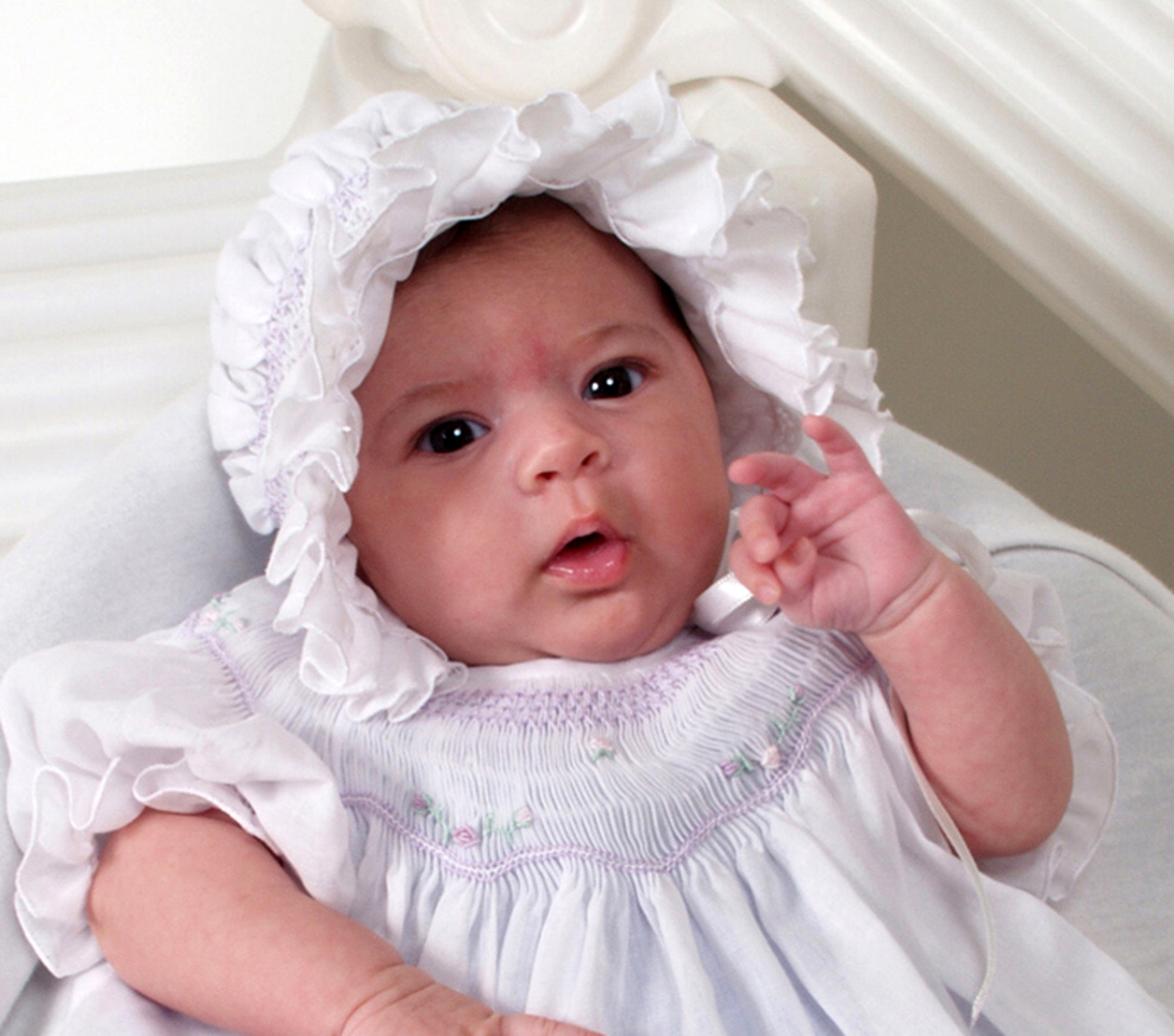 NEW Will'Beth White Smocked Baby Bonnet with Lavender Embroidered Flowers